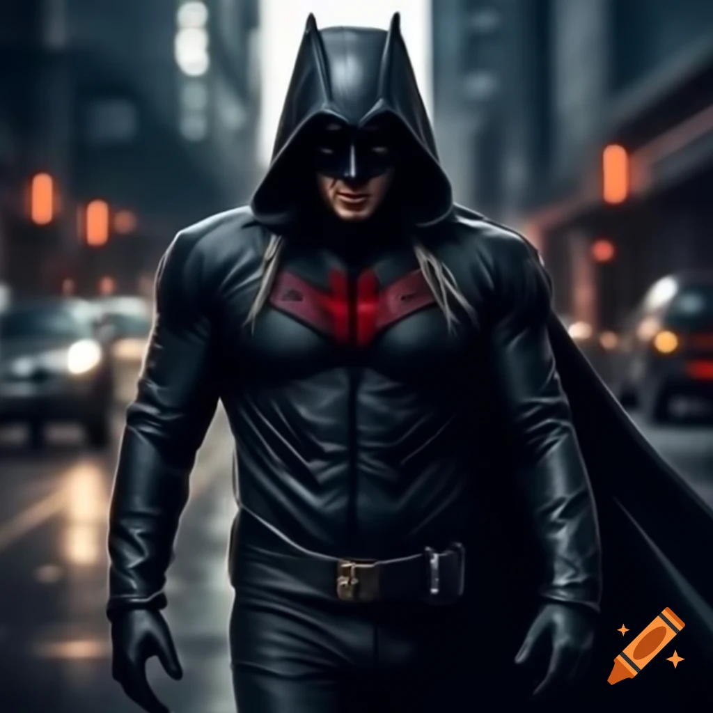 Shadowy figure in black hoodie and cape against urban landscape ...