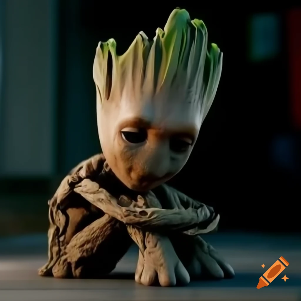 Sad groot character sitting and crying at the edge on Craiyon