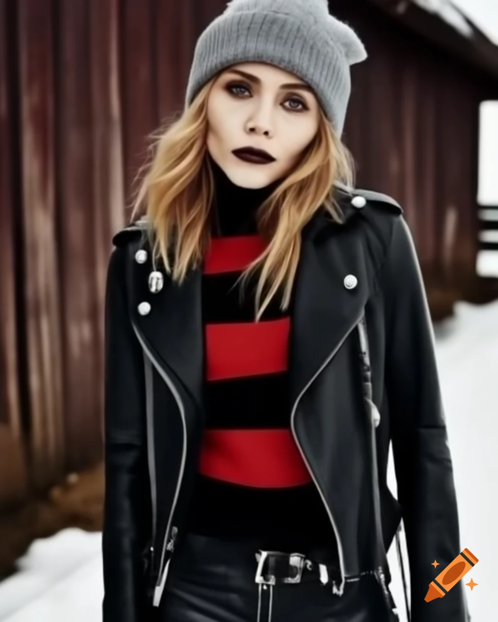 Goth-style portrait of actress Mary-Kate Olsen in leather outfit on Craiyon