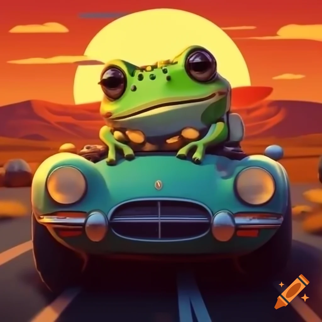 Cyborg frog driving a car into the sunset on Craiyon