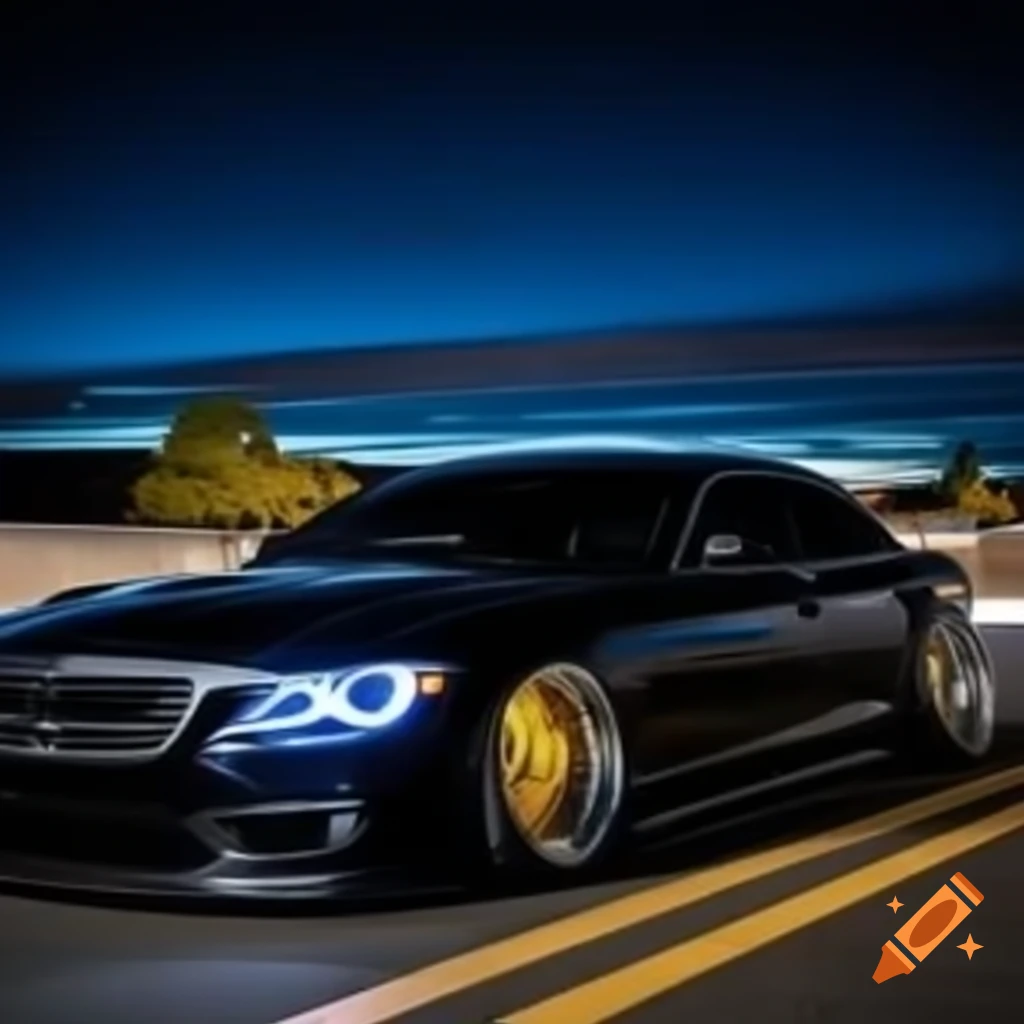 Nighttime landscape wallpaper featuring black car with headlights and ...