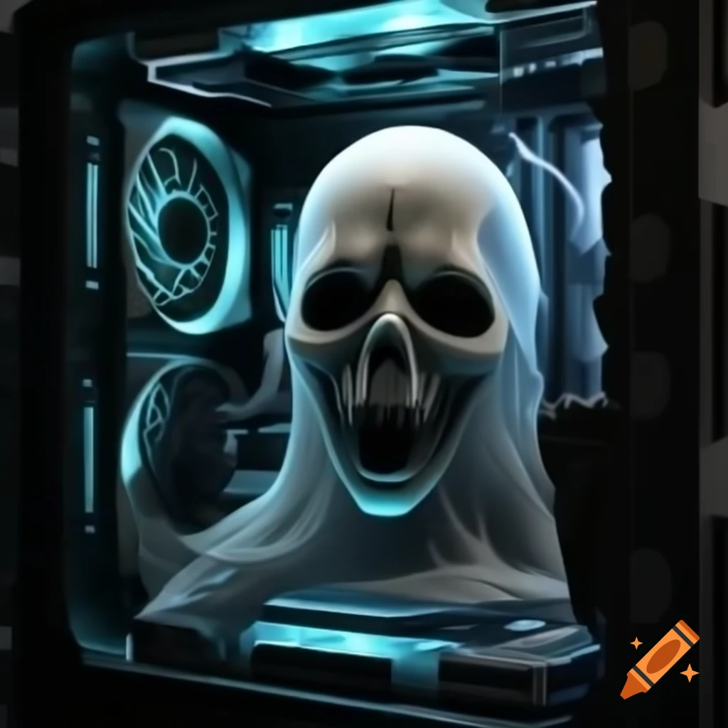Hyper-realistic horror scene of GPU transforming into Boo ghost on Craiyon