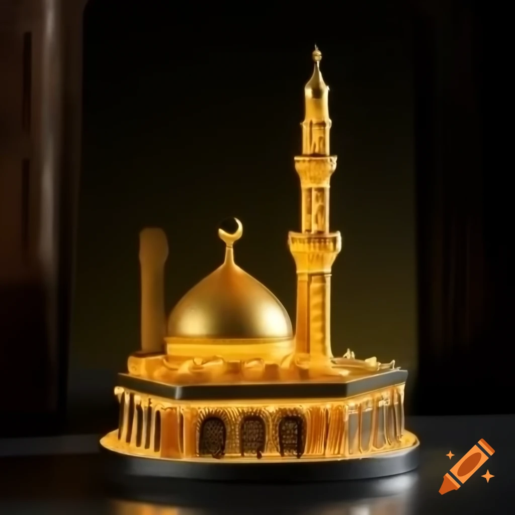 Detailed miniature golden mosque with dome and minaret in front view on ...