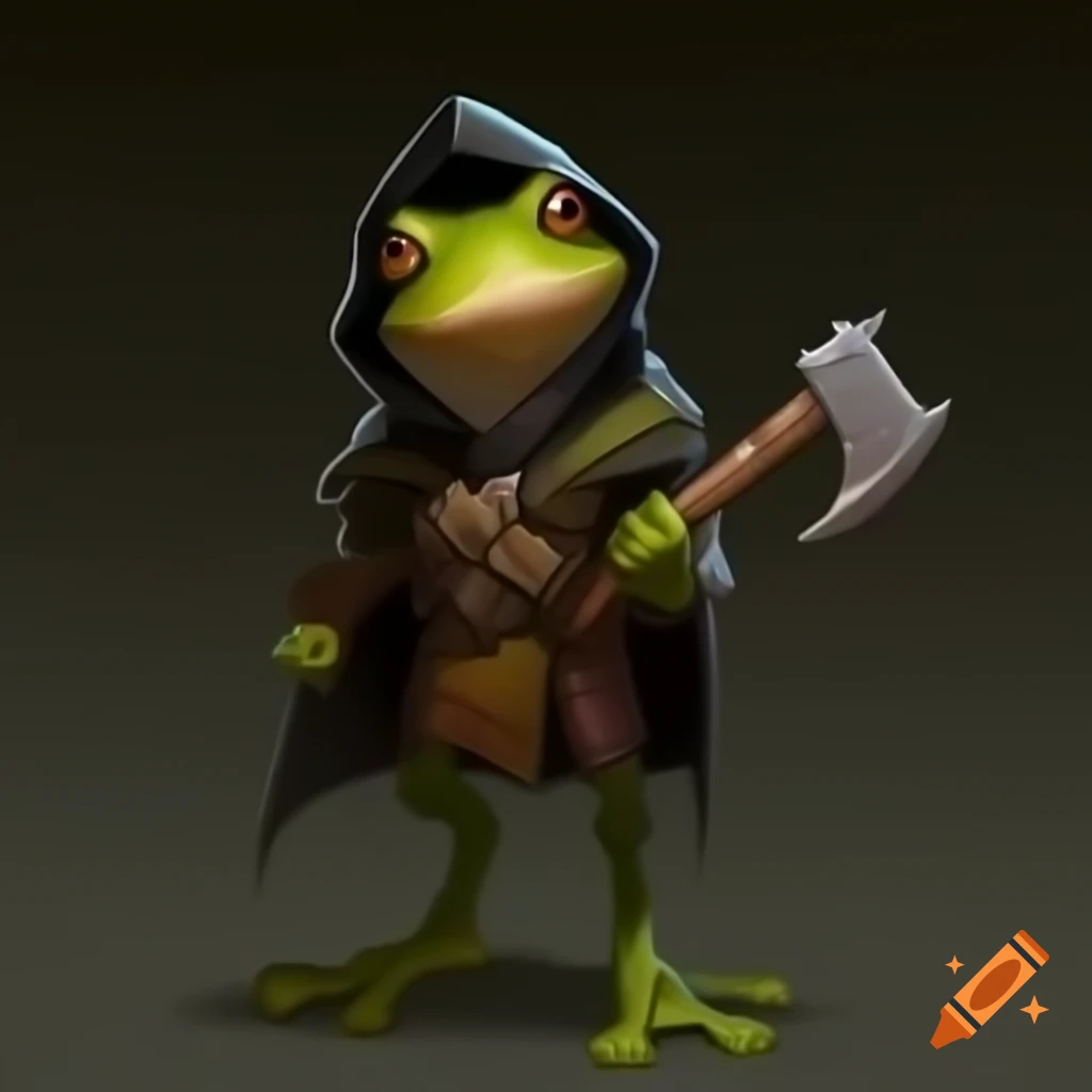 Frog-inspired creature standing on two legs, wielding axes, wearing ...