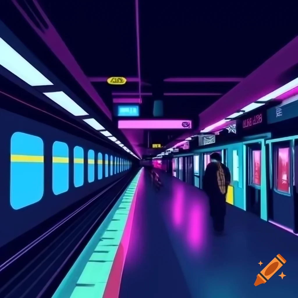 Urban neon style metro station filled with people and empty space on ...