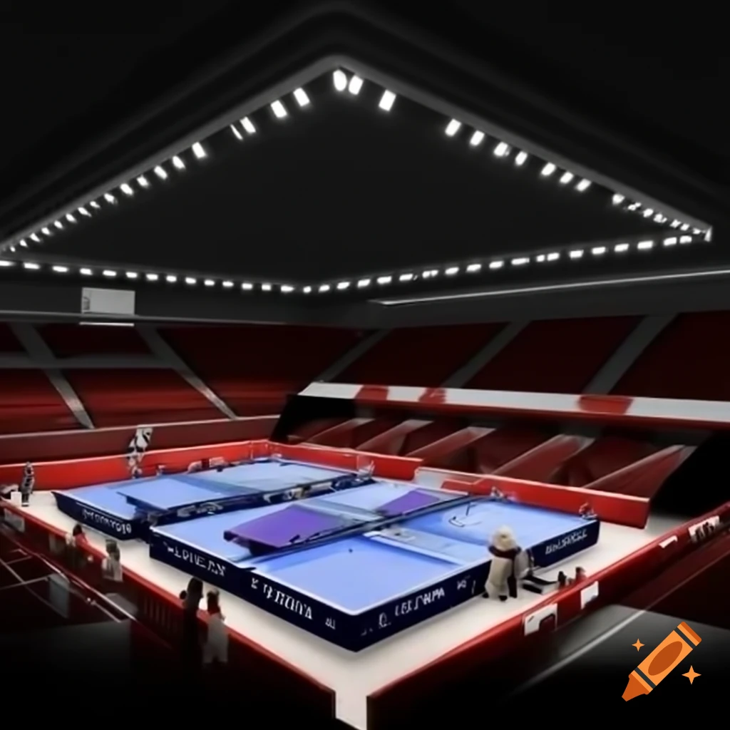 Modern indoor table tennis arena with nine tables and red flooring on ...