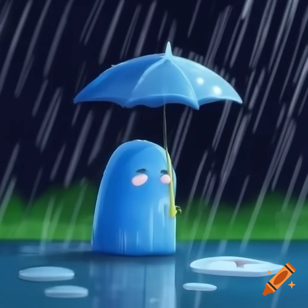 Small blue figure with umbrella crying, tears turning into raindrops on ...