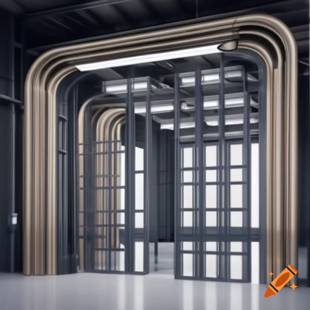 3D-rendered design concepts for modern factory entrance gate on Craiyon