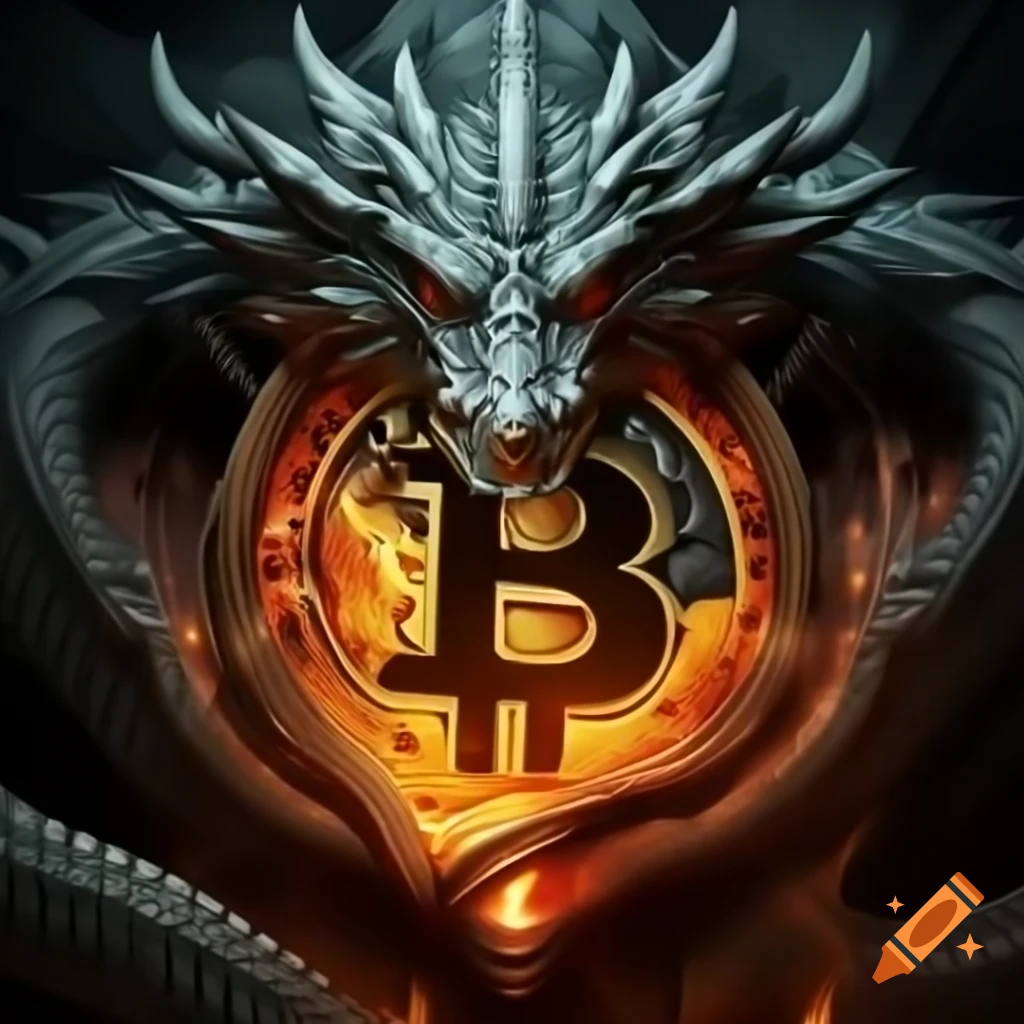 Dragon entwined around bitcoin symbol, detailed scales and flames, mystical design on Craiyon