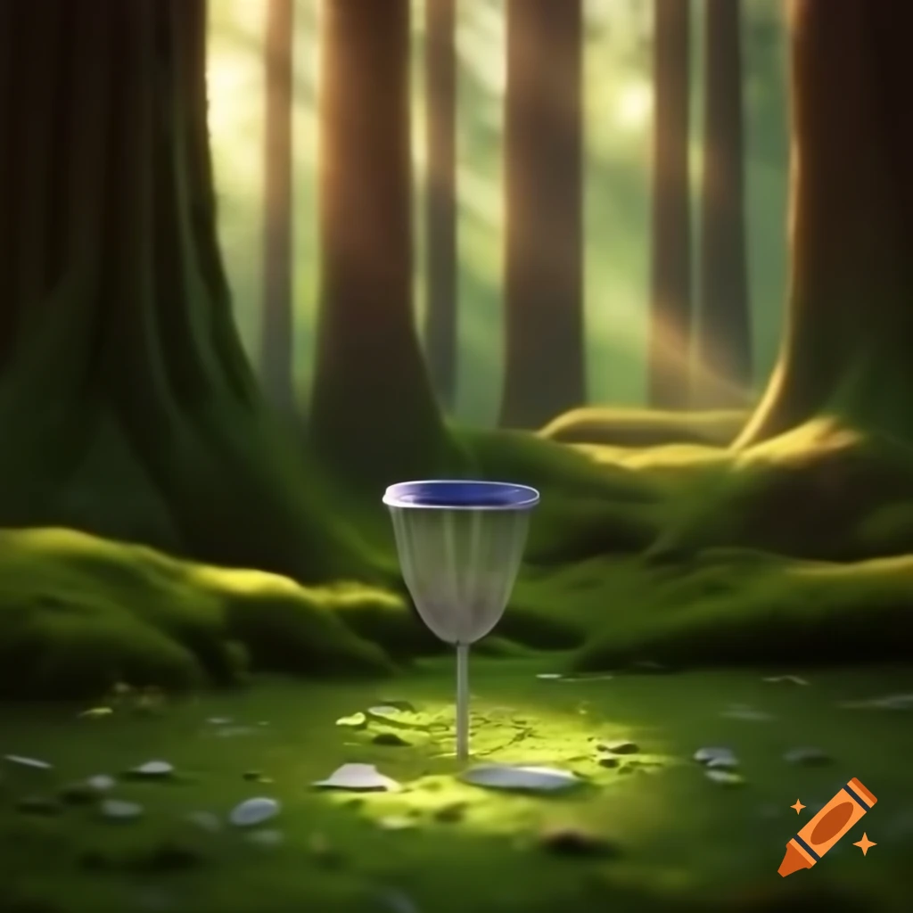 Weathered disc golf basket in enchanted forest with sunlight filtering ...