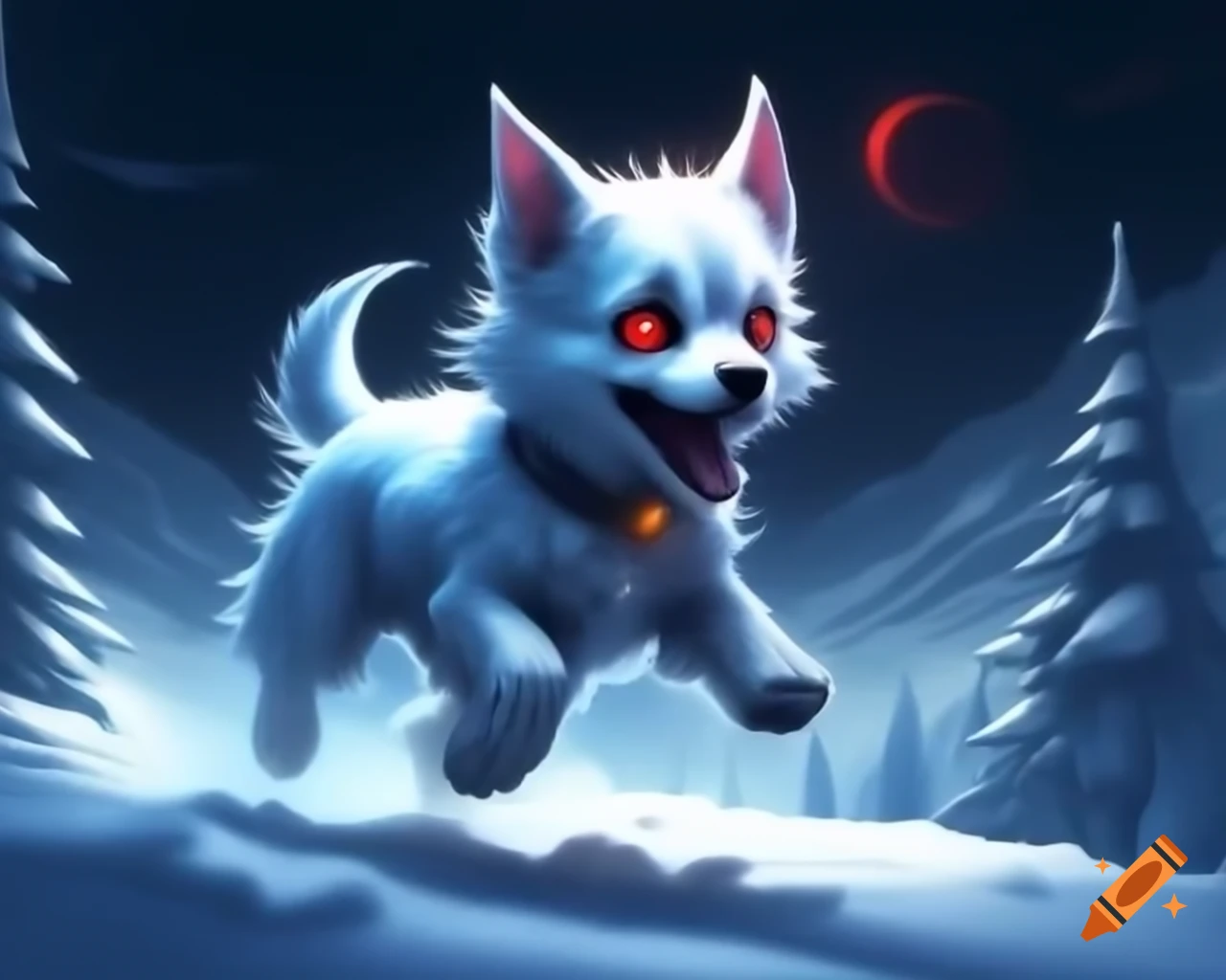 Vampire dog with glowing red eyes and white fur running on mountain ...
