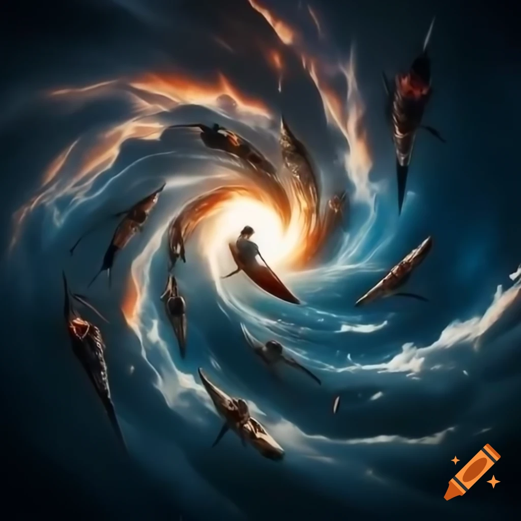 Kayakers caught in a massive water-cosmic vortex with broken kayak and ...