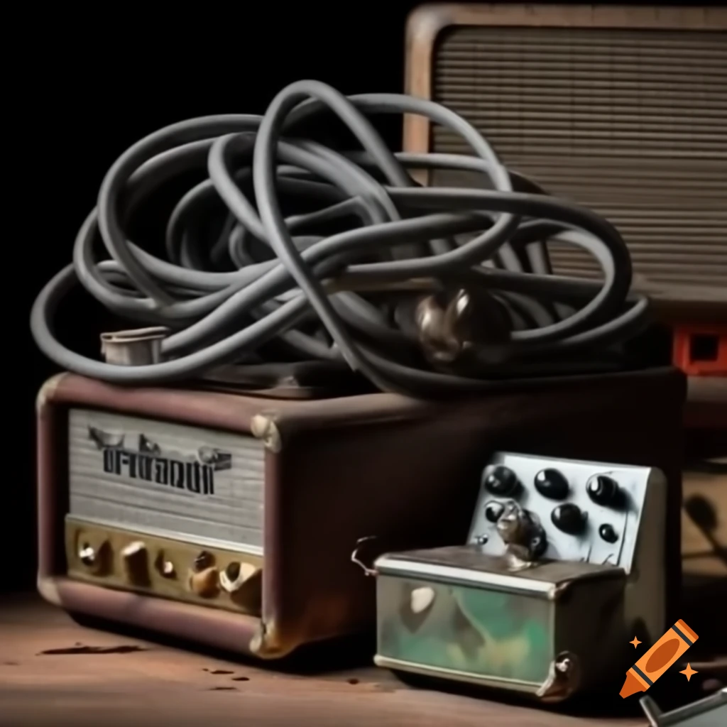 Tangled vintage audio cables with amplifier and fuzz pedal on Craiyon