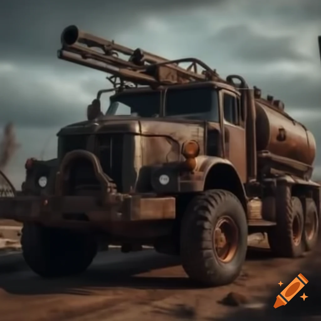 Post-apocalyptic flat-front 40s tanker truck with mounted flamethrower ...