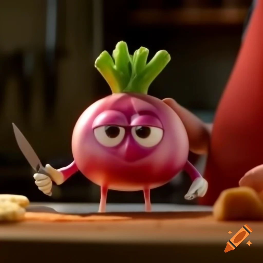 Cartoon onion and tomato looking scared at a butcher knife on Craiyon