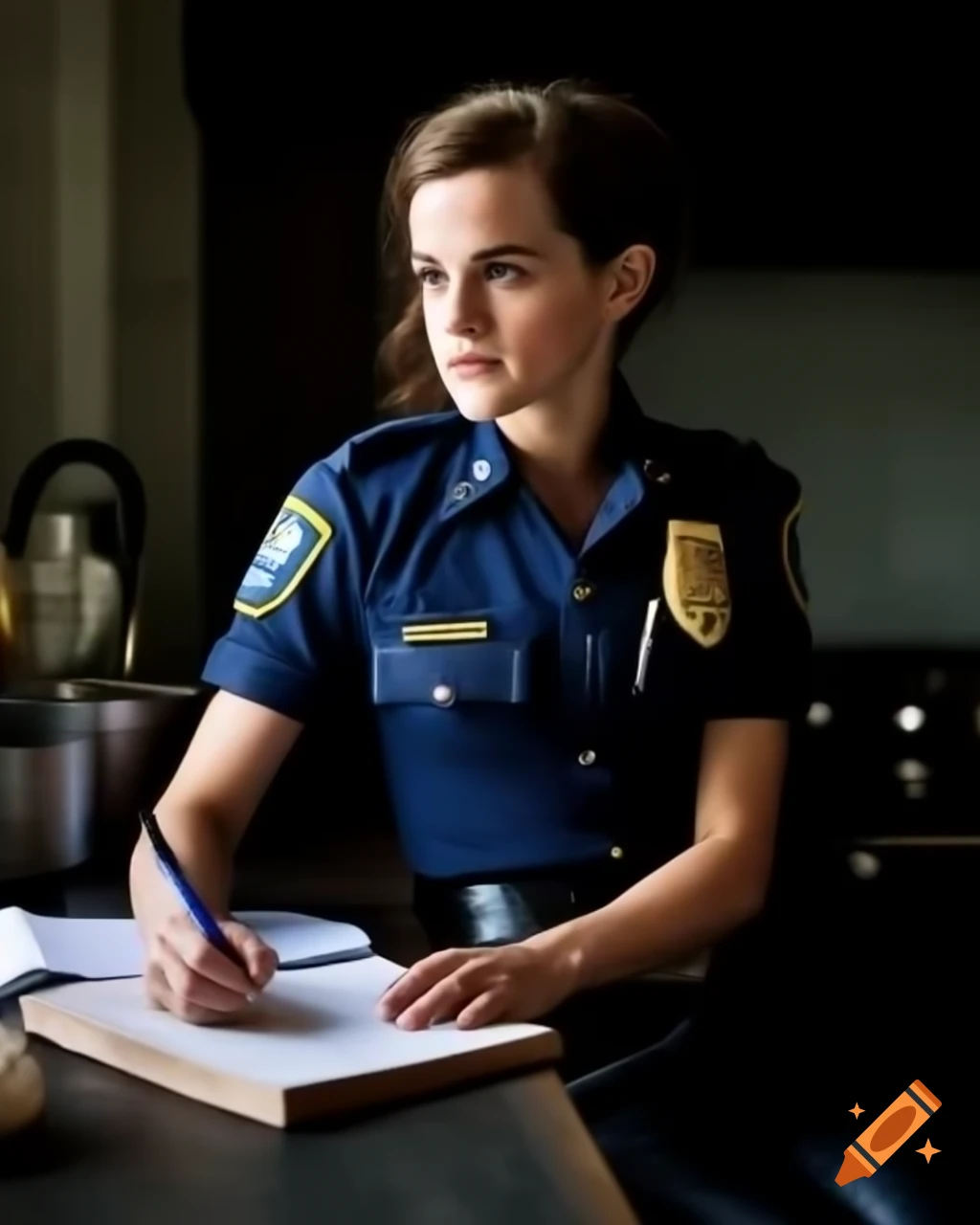 British actress Emma Watson in police uniform, taking notes on Craiyon