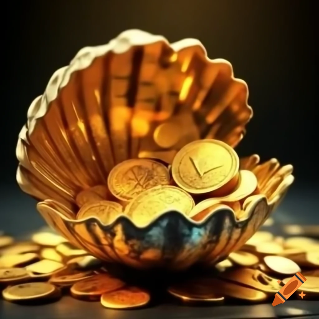 Ancient gold coins inside shimmering scallop shell glowing softly on ...