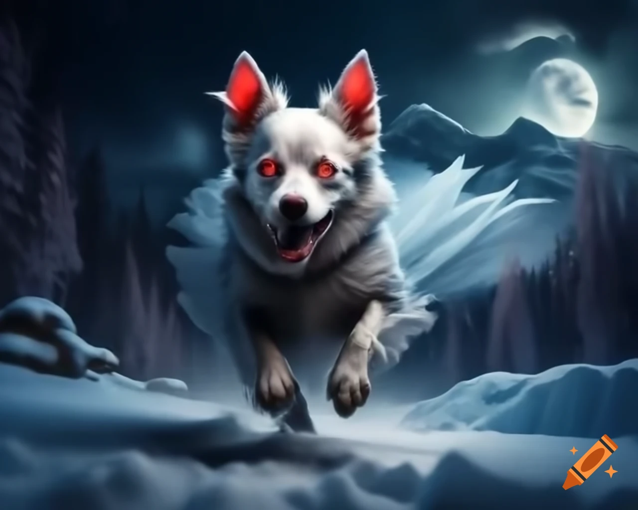 Vampire dog with glowing red eyes and white fur running on mountain ...