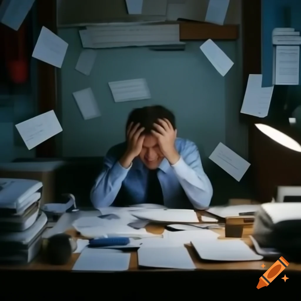 Cluttered desk with stressed person checking phone surrounded by papers ...