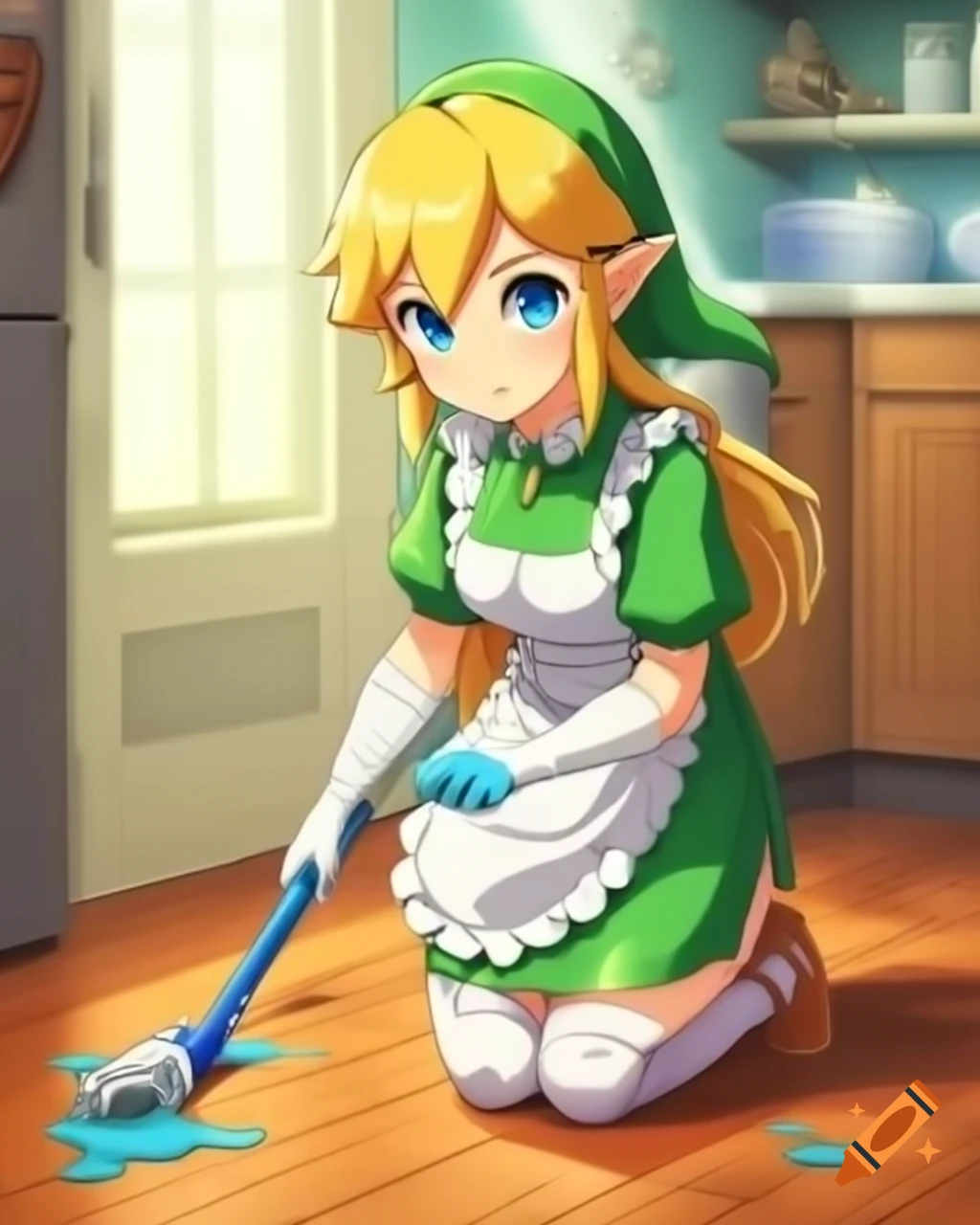 Anime female character resembling 'Link' in maid outfit cleaning ...