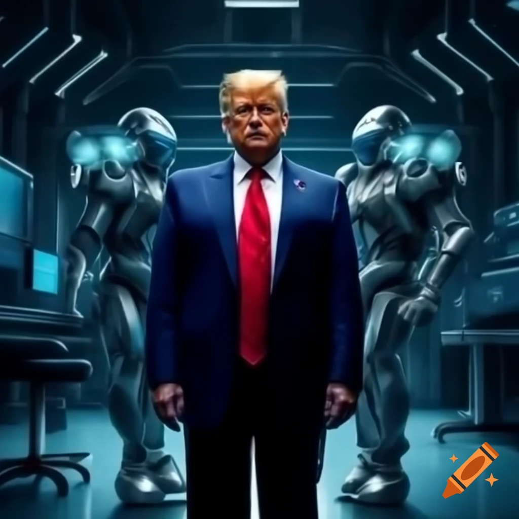Donald Trump in high-tech lab pushing humanoid AI robot on Craiyon