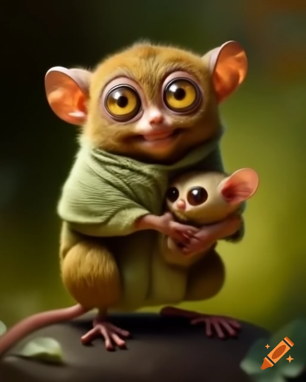 Whimsical animated tarsier with wide eyes making a comical shriek on Craiyon