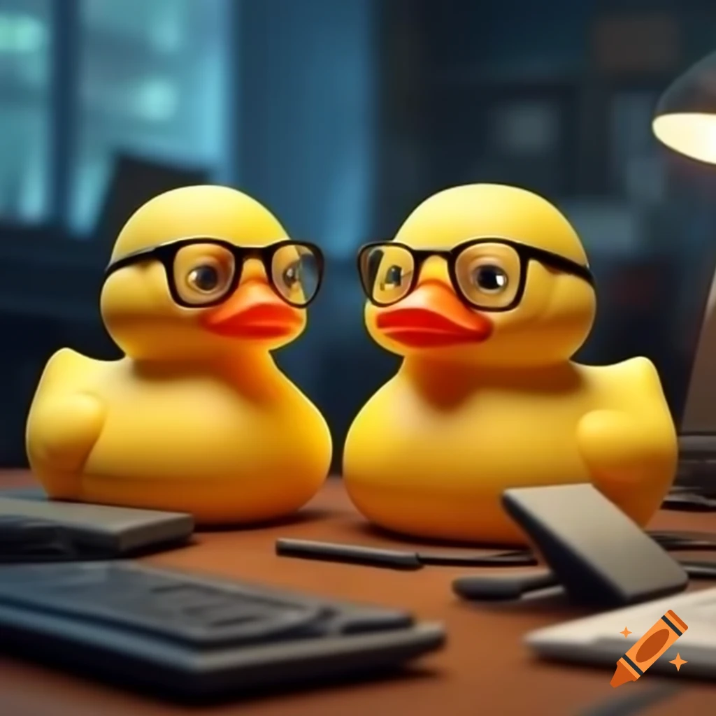 Rubber ducks wearing glasses in an office setting on Craiyon