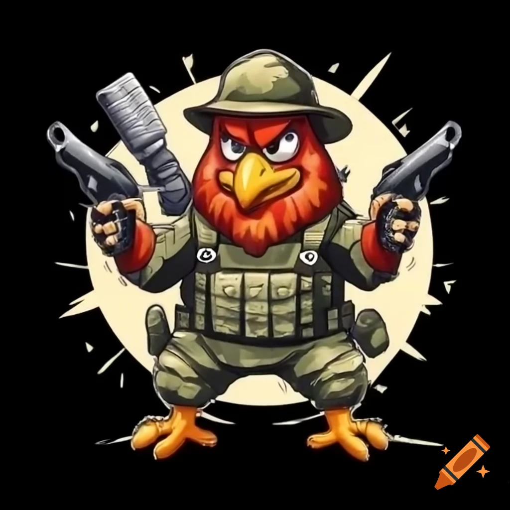 Battle-ready chicken in tactical airsoft gear, 2D animated cartoon on ...