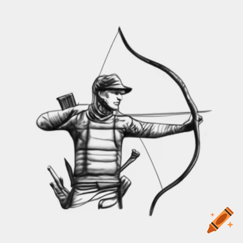 Pencil drawing of a hunter with bow and arrow on Craiyon