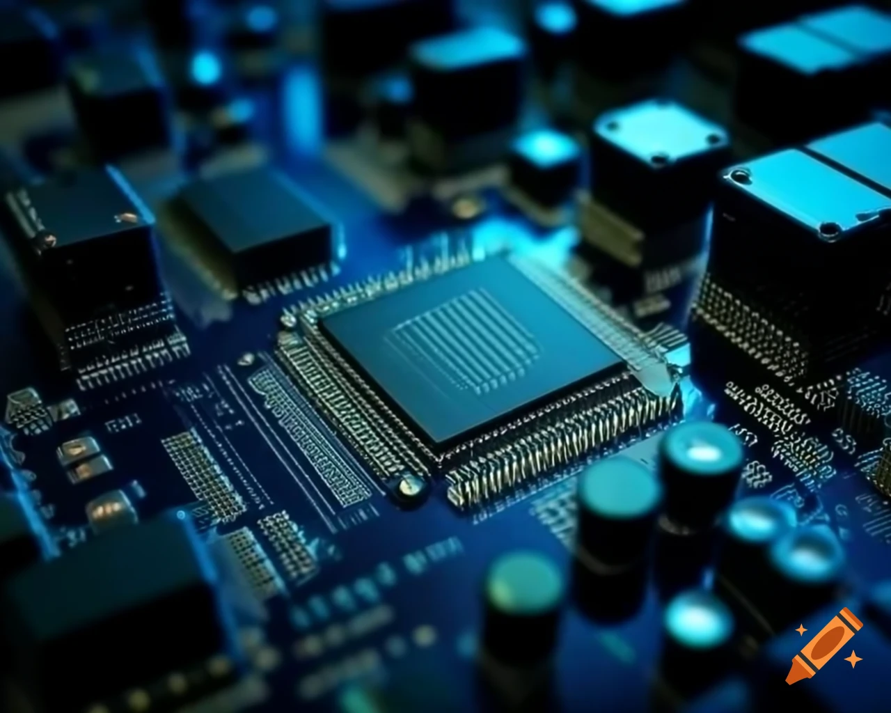 Close-up of a circuit board with microchips on Craiyon