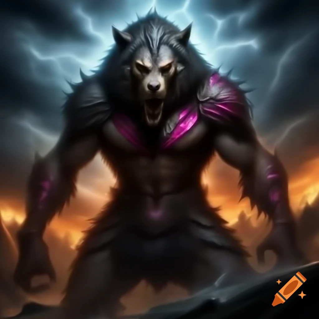 Werewolf in pink armor howling against thunderstorm, symbolizing power ...