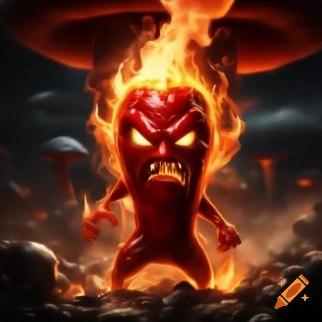 Fiery Thai chili pepper against atomic mushroom cloud backdrop on Craiyon