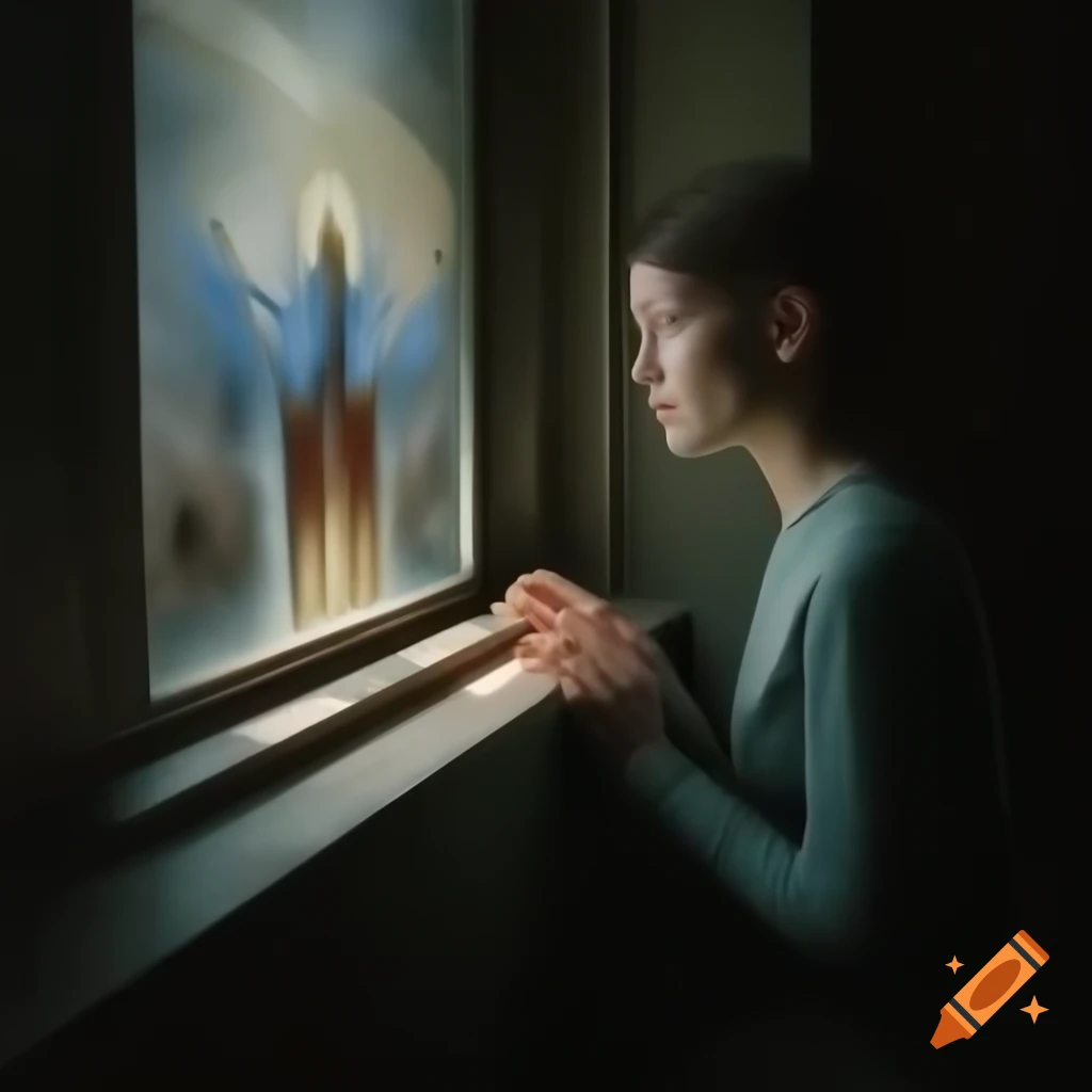 Close-up of hands in Edward Hopper style, emphasizing realistic winter ...