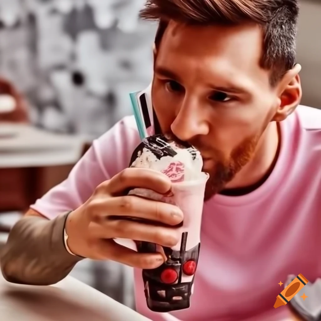 Lionel messi enjoying an oreo strawberry milkshake on Craiyon