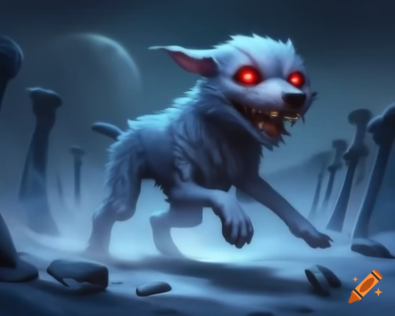Mummy dog with glowing red eyes and sharp teeth in a desert among ...