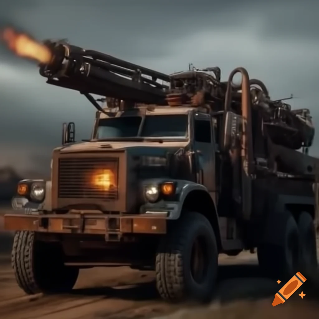 Post-apocalyptic tanker truck with flamethrower mounted on top on Craiyon