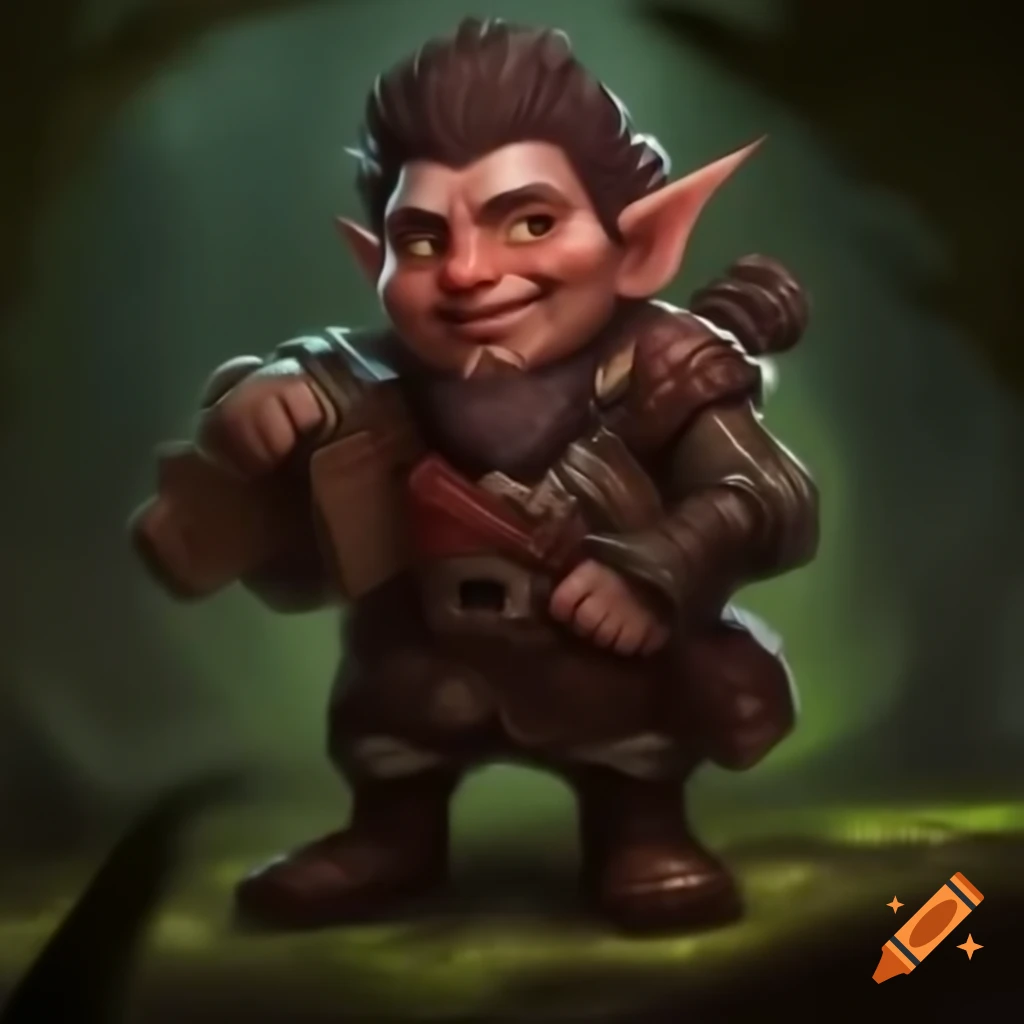 Mischievous forest gnome in worn leather armor striking a heroic pose ...