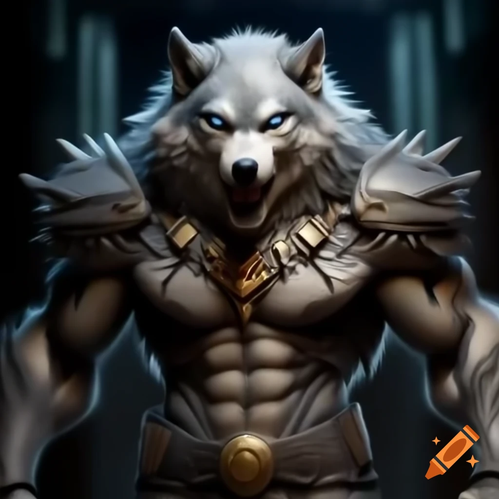 Majestic grey wolf transformed into friendly werewolf in black and gold ...