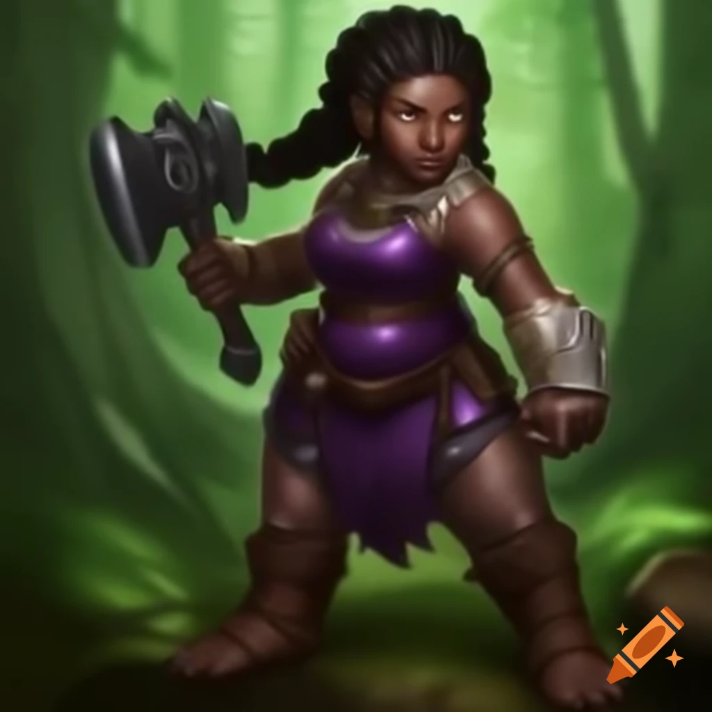 Dwarf maiden with braided hair in forest wielding large iron hammer on ...