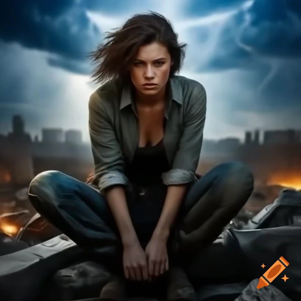 Girl in torn clothes sitting on ruins under stormy sky with lightning, post-apocalyptic scene on ...