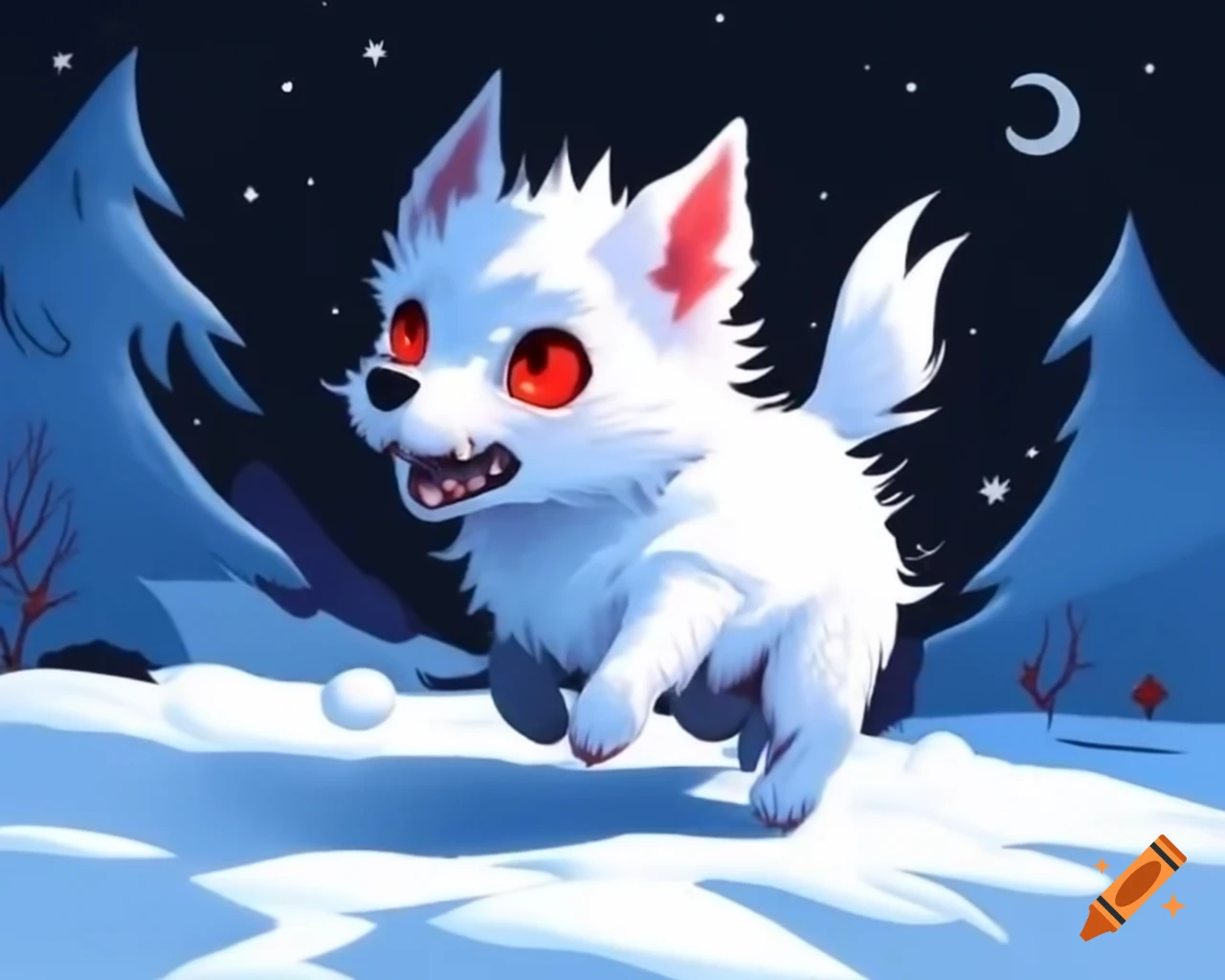 Vampire dog with glowing red eyes and white fur running on mountain ...