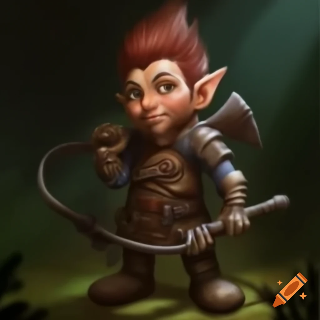 Mischievous forest gnome in leather armor striking heroic pose with ...