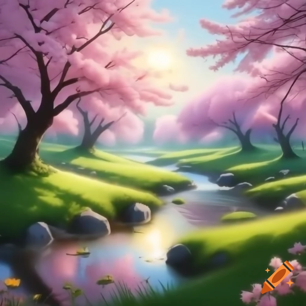 Elegant spring background with cherry blossoms, lush trees, and a calm ...