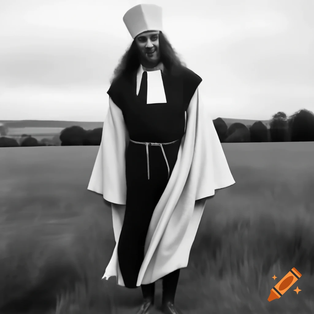 Black and white line art of medieval clergyman in meadow wearing white ...