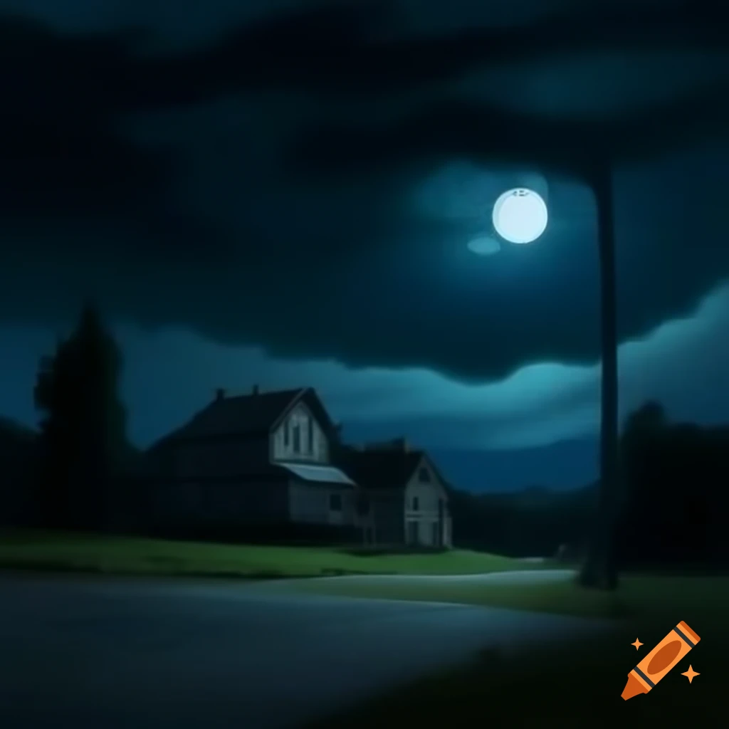 Dark and gloomy scene with rundown house and kids, lamp lighting the ...