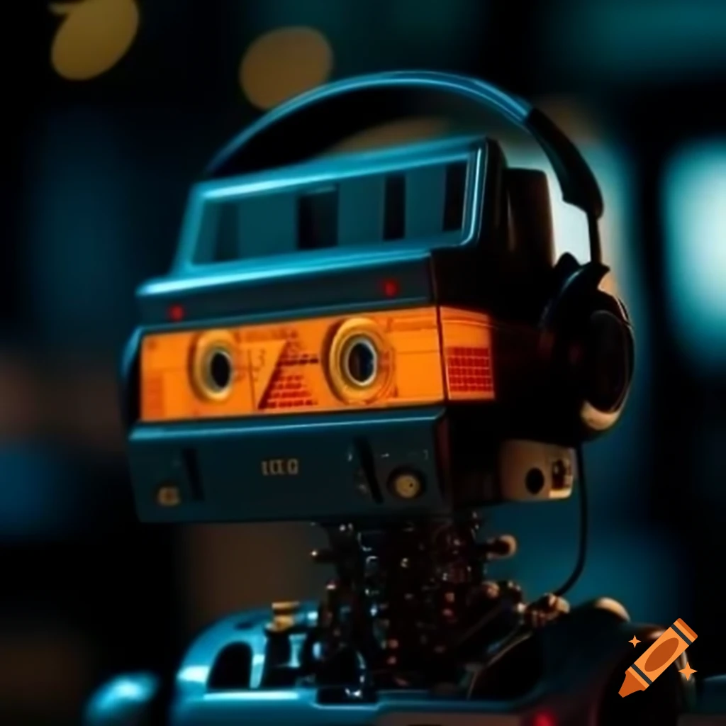 Robot with cassette tape eye visor and headphones, featuring sound ...