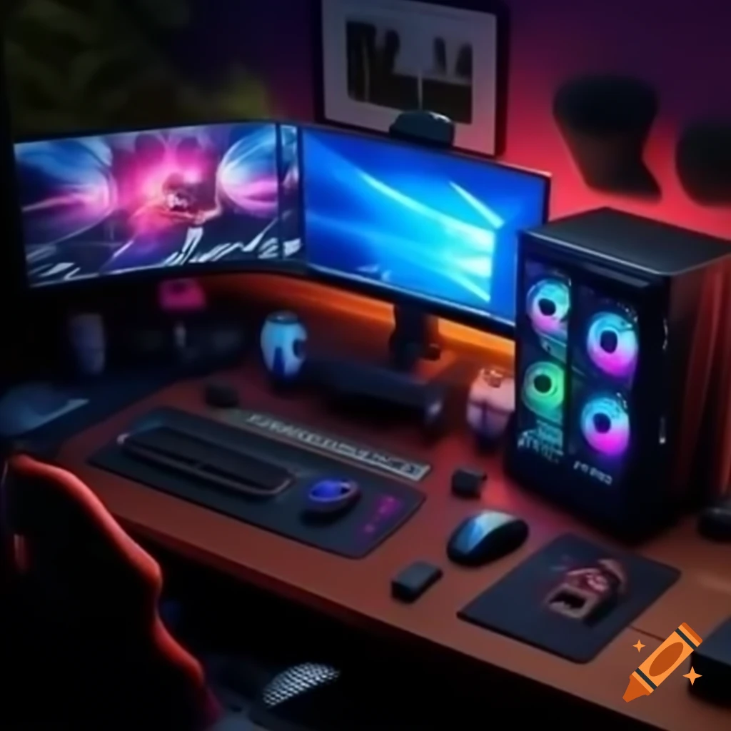 High-end gaming desktop setup with three monitors and peripherals on Craiyon