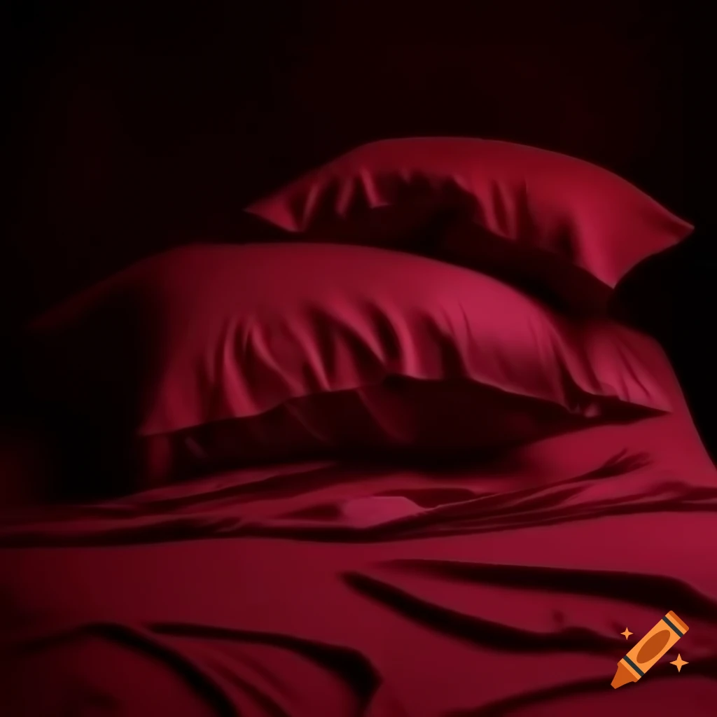 Intimate dark red bedding with rich textures and soft pillows on Craiyon