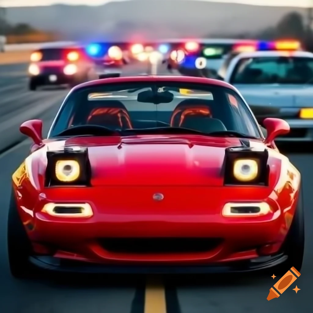 1991 red miata with pop-up headlights chased by police cars on highway ...