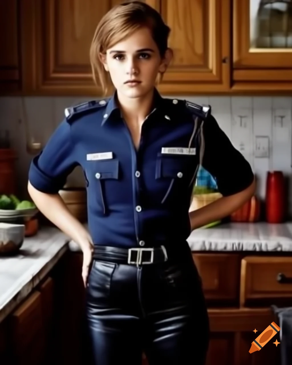 British actress Emma Watson in LAPD police uniform shirt and black ...